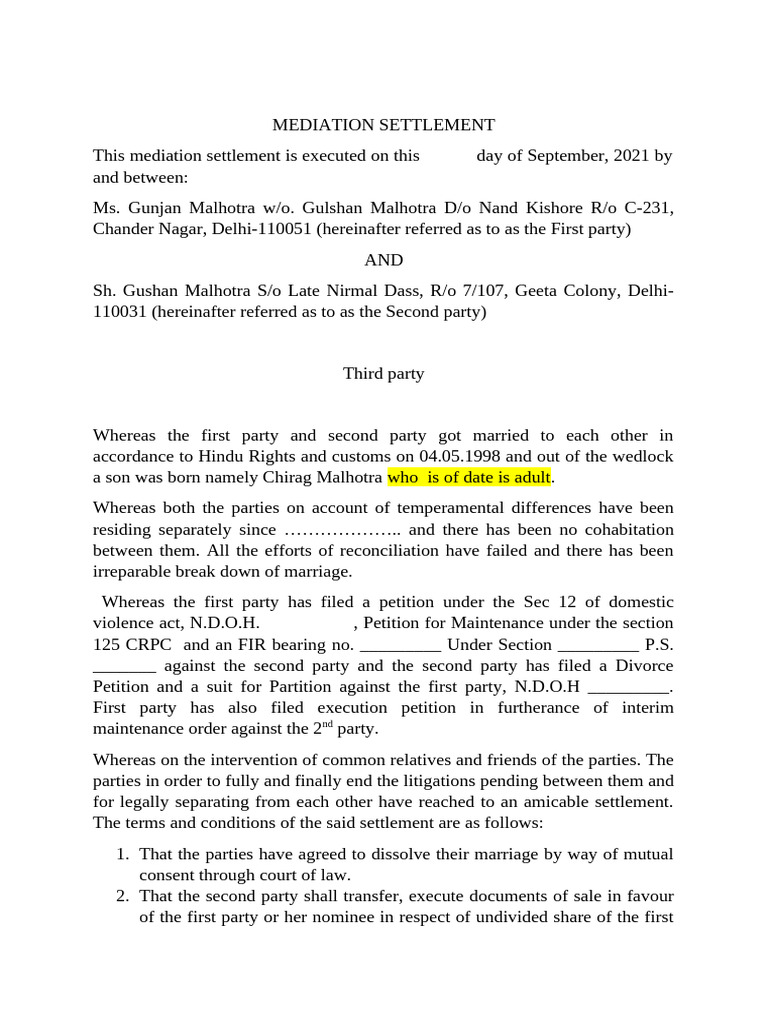 Mediation Settlement | PDF