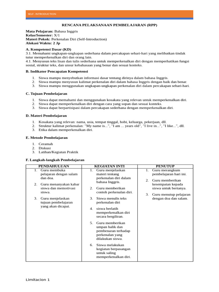 RPP X Bing (Thema 1) Ganjil | PDF