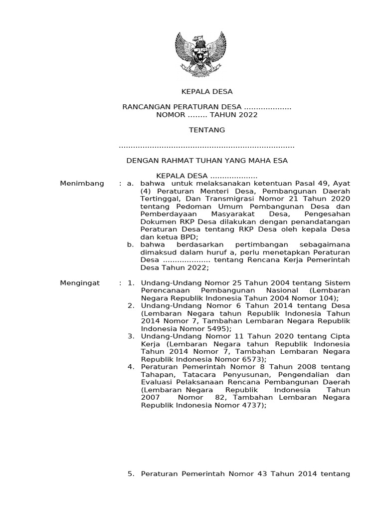 Rancangan Perdes - RKP Desa 2022 | PDF