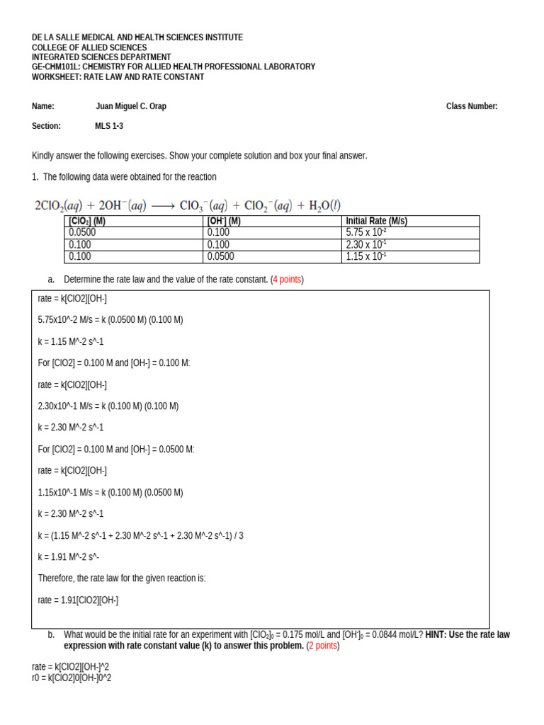 Worksheet #2 Dry Lab - Rate Law and Rate Constant | PDF