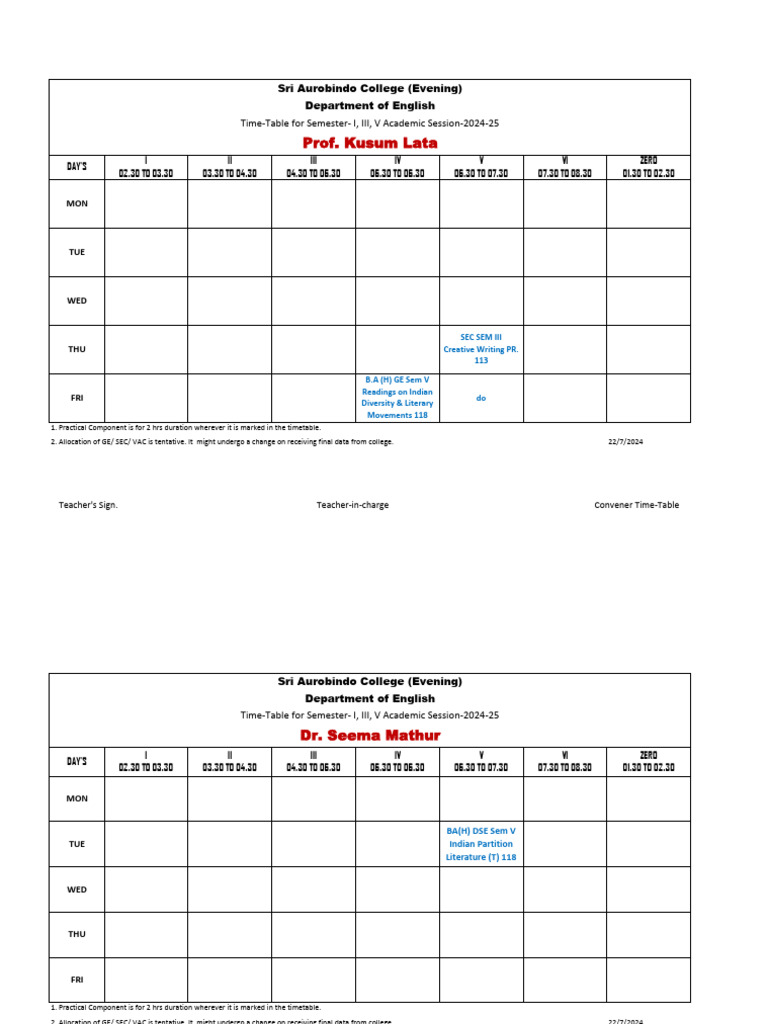 English Department Time-Table 2024-2025 | PDF