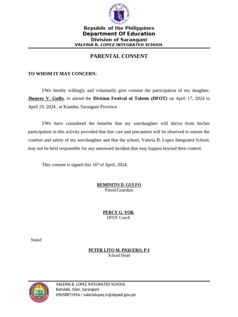 Parental Consent for DFOT 2024 | PDF