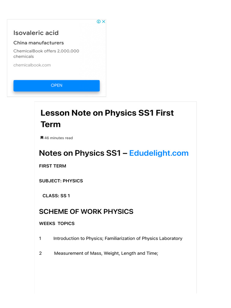 Lesson Note On Physics SS1 First Term - Edudeligh | PDF | Force | Acceleration