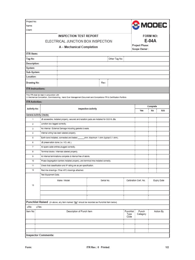 E-04a Electrical JB Inspection | PDF | Manufactured Goods | Electrical ...