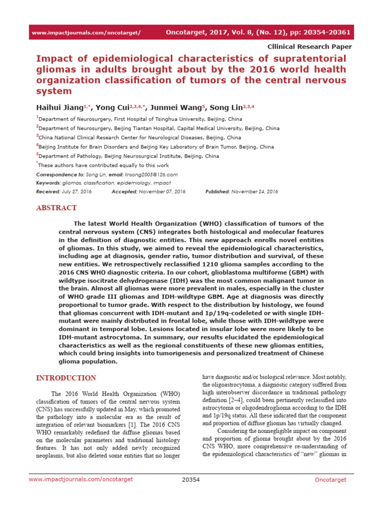 Impact of Epidemiological Characteristics of Supratentorial Gliomas in ...