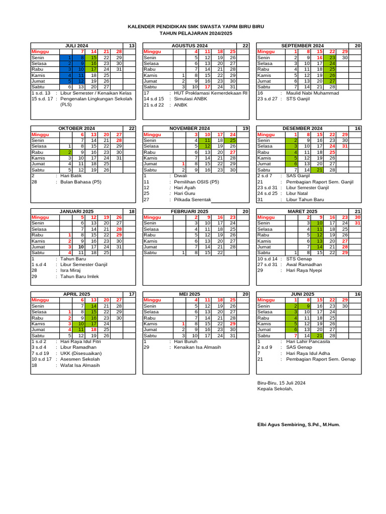 Kalender Pendidikan SMKS Yapim Biru Biru 2024-2025 | PDF