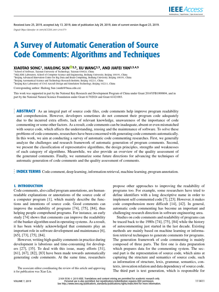 A Survey Of Automatic Generation Of Source Code Comments Algorithms And Techniques Pdf