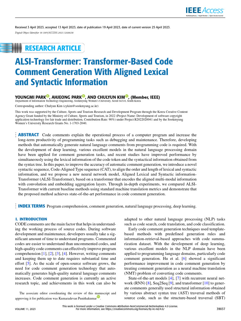 ALSI-Transformer Transformer-Based Code Comment Generation With Aligned Lexical and Syntactic ...
