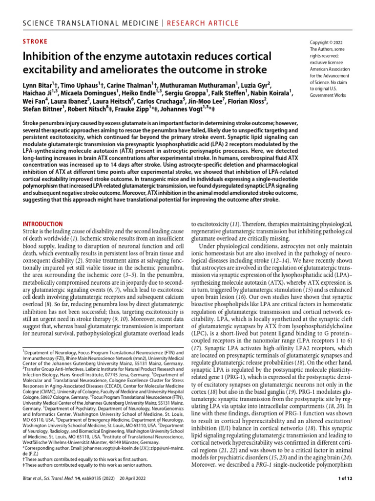 Science Trans Med Inhibition of The Enzyme Autotaxin Reduces Cortical ...