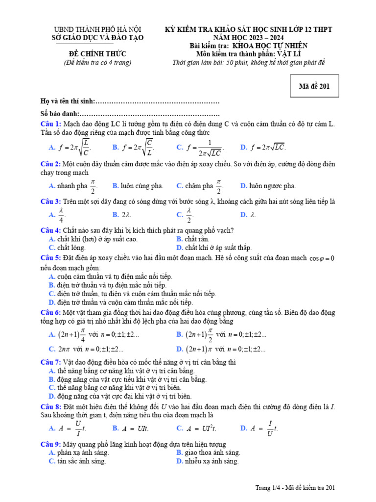 De Thi Khao Sat Vat Ly 12 HN 2024 | PDF