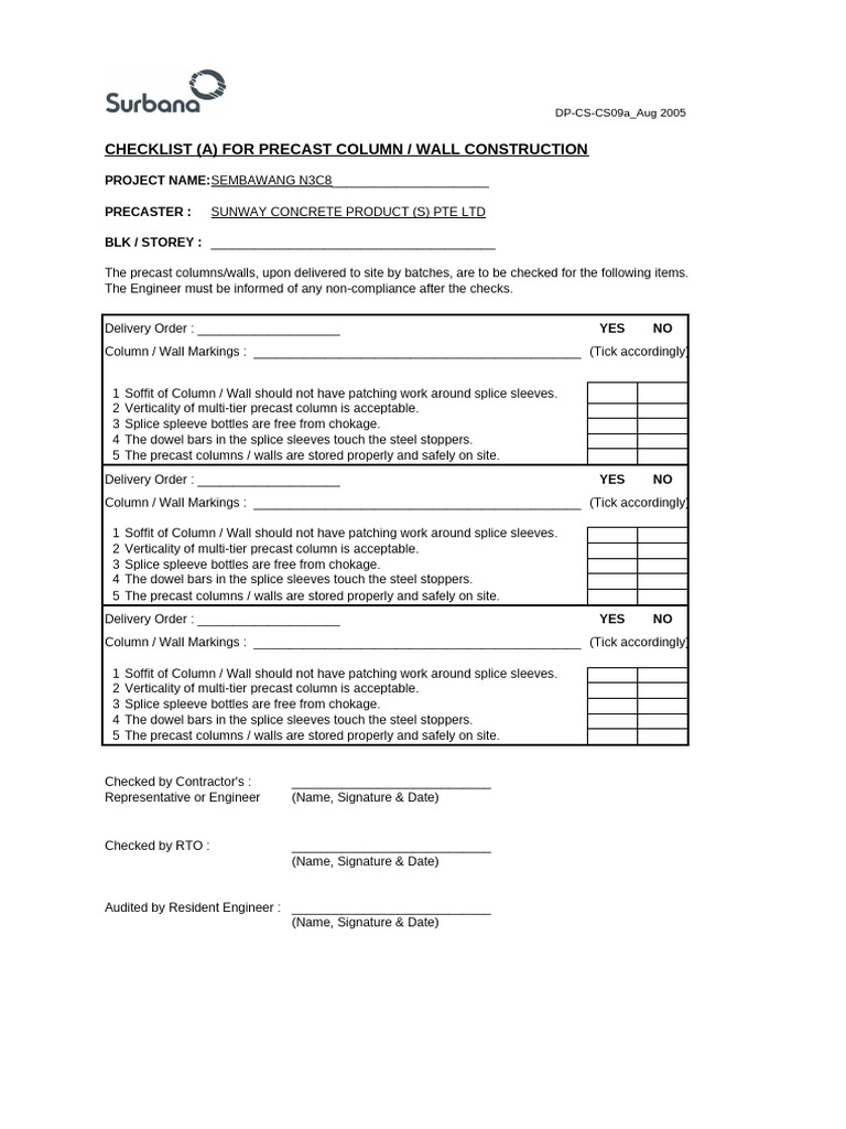 Precast Construction Checklists | PDF | Precast Concrete | Structural Engineering