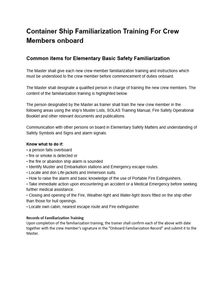 Container Ship Familiarization Training For Crew Members Onboard | PDF