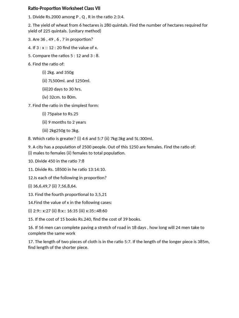 7th Cbse Ratio Proportion Worksheet | PDF