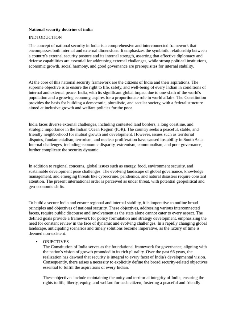 National Security Doctrine of India NS 1 | PDF