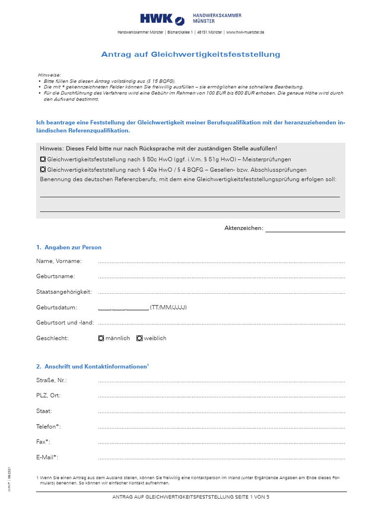 Antrag Auf Gleichwertigkeitsfeststellung HWK Münster | PDF