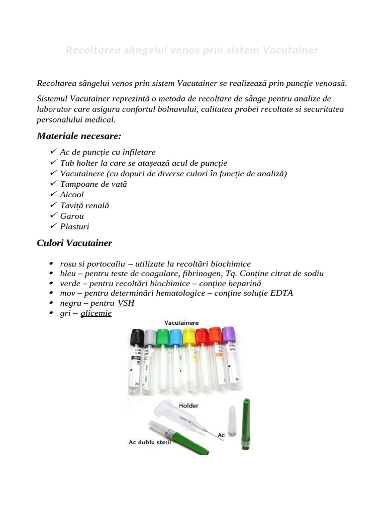 Recoltarea Sangelui Venos Si Tipuri de Vacutainer | PDF