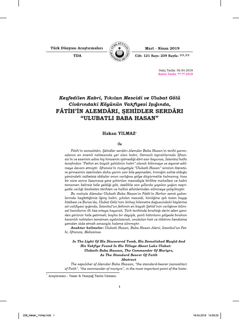 Hakan Yilmaz, FÂTİH'İN ALEMDÂRI, ŞEHİDLER SERDÂRI "ULUBATLI BABA HASAN" (TDA) | PDF