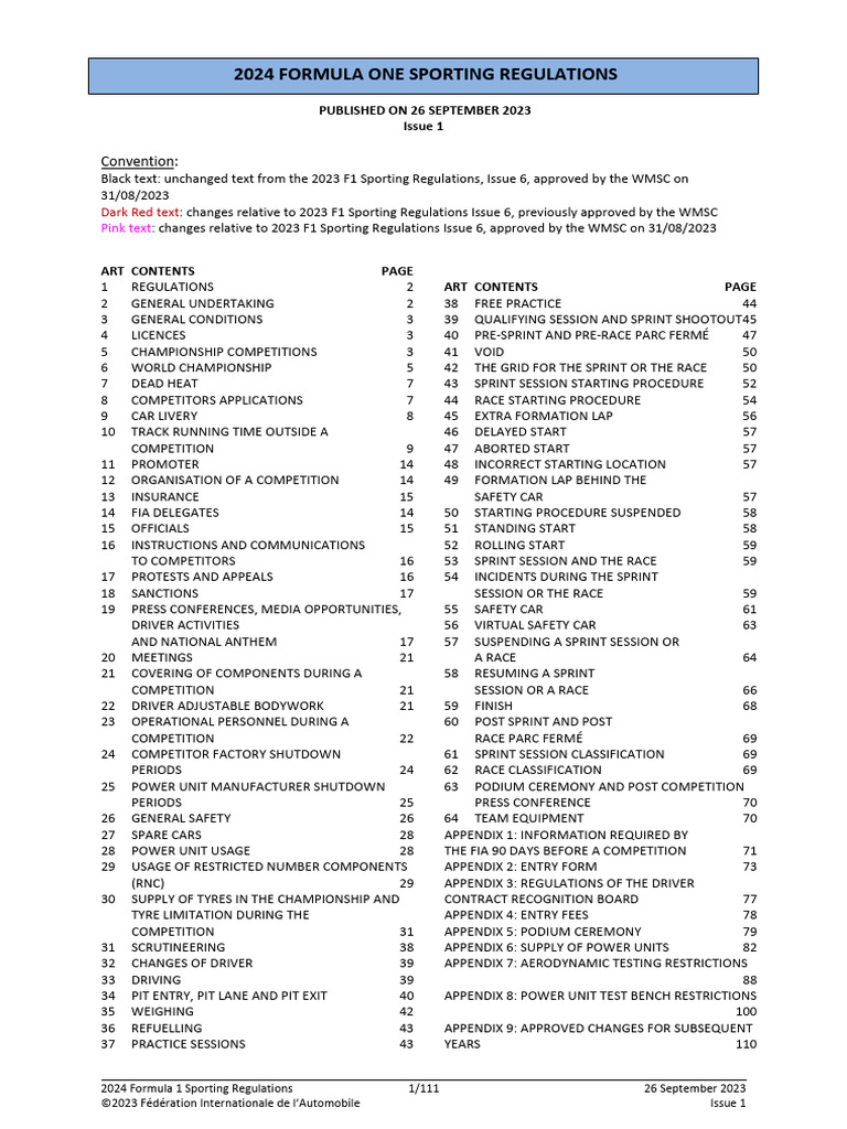 Fia 2024 Formula 1 Sporting Regulations - Issue 1 - 2023-09-26 | PDF