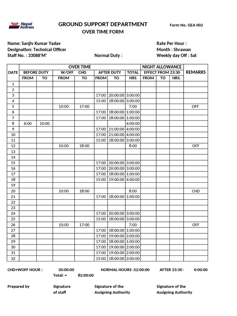 Overtime Form Sample Pdf