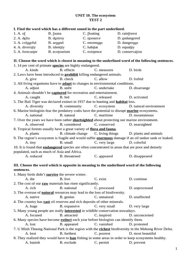 UNIT 10. The Ecosystem - TEST 2 | PDF