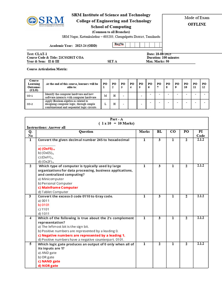 Coa ct1 Set A Answer Key | PDF | Subtraction | Teaching Methods & Materials