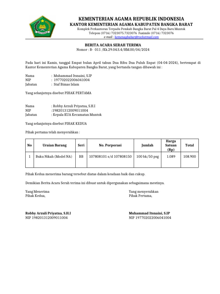 Serah Terima Buku Nikah Simpang Teritip | PDF