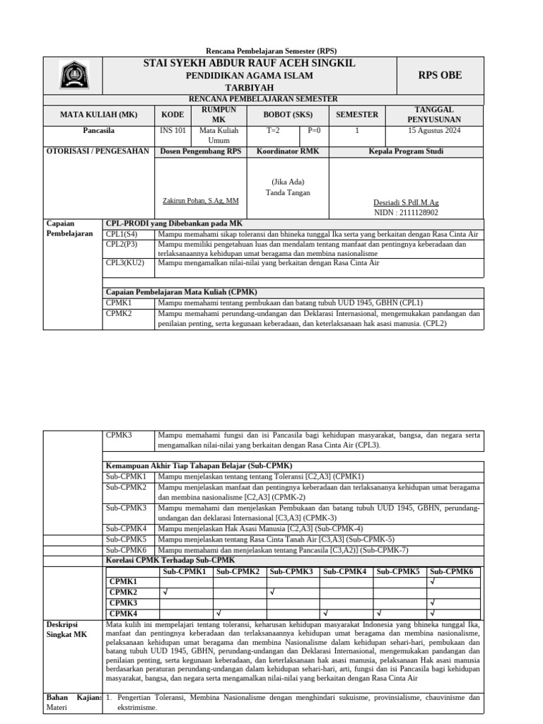 Rps Obe Pancasila | PDF