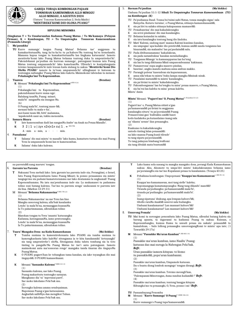 Liturgi 4 Agustus 2024 Lit 2 Bahasa Toraja | PDF