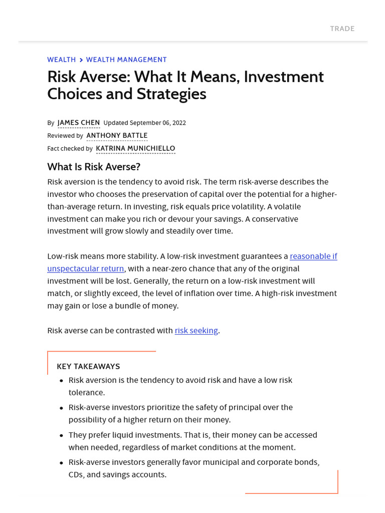 Risk Averse - What It Means, Investment Choices and Strategies | PDF