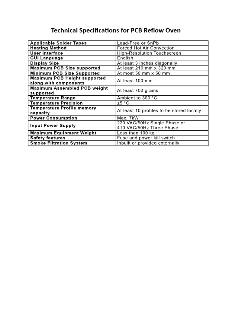 Reflow Oven Technical Specifications | PDF