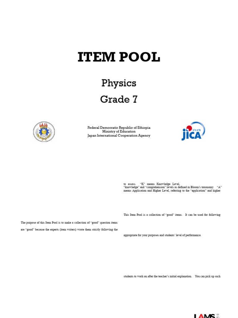 Grade 7 Physics Item Pool Guide | PDF | Force | Science & Mathematics