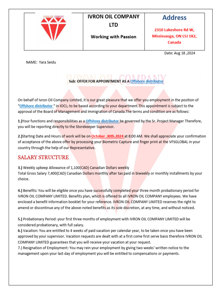 IVRON OIL COMPANY APPOINTMENT LETTER - Yara Seidu | PDF | Employment | Business