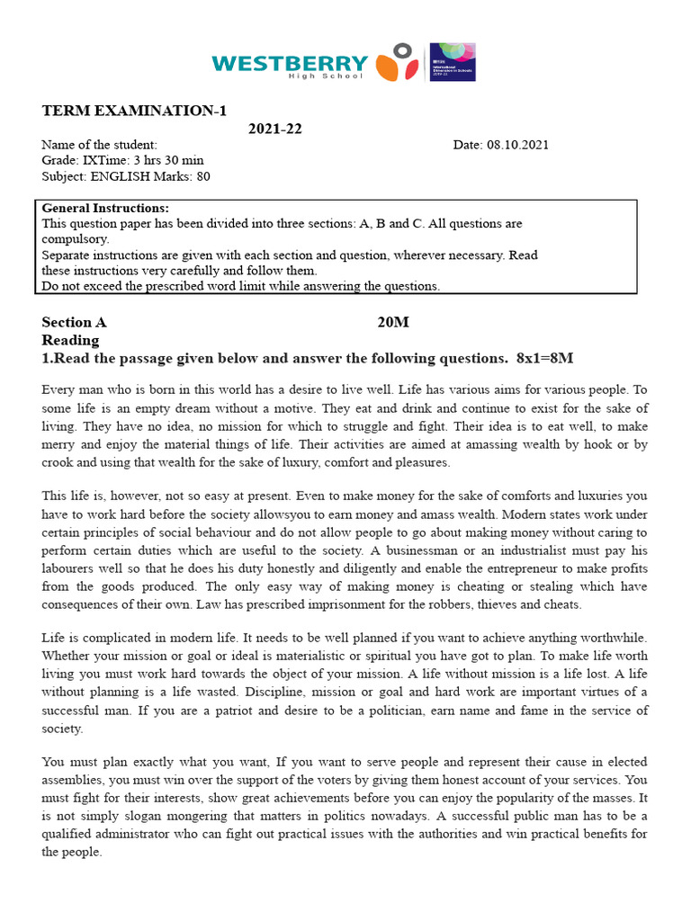 English SA1 QP | PDF