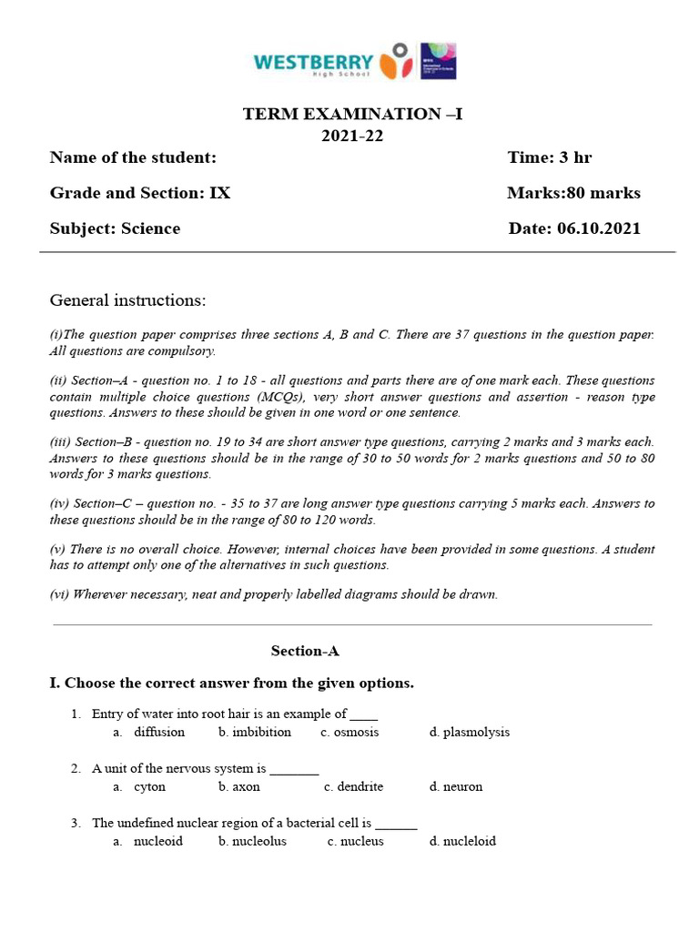 GIX - Science Term-1 QP (1) | PDF