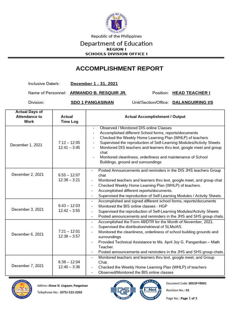 Accomplishment - DTR December, 2021 | PDF