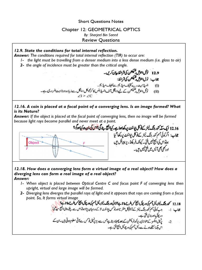 Short Questions Notes - Ch12 | PDF | Optics | Mirror