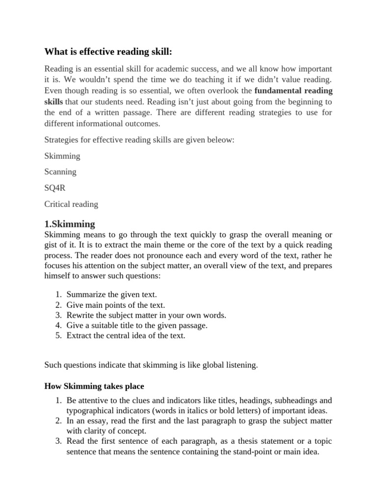 Strategies For Effective Reading Skills | PDF | Speed Reading | Cognition