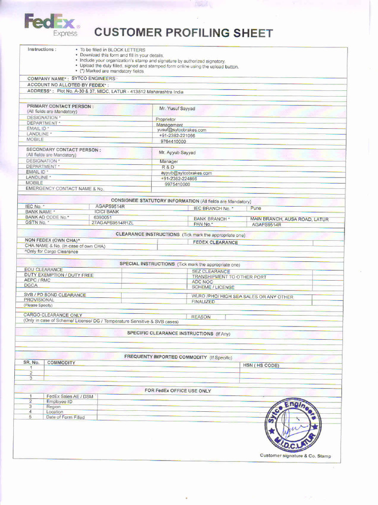 Fedex Customer Profiling Sheet en in | PDF