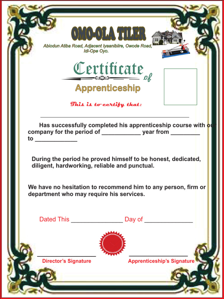 Tiler Apprenticeship Certificate Template | PDF | Business