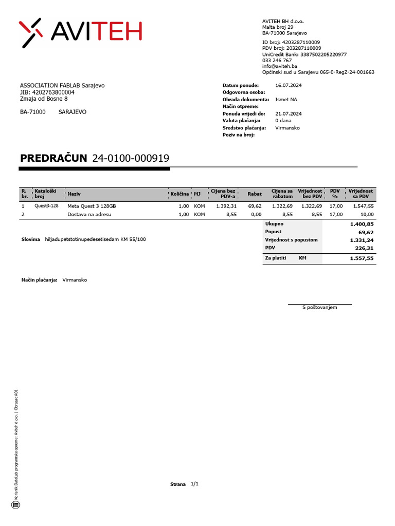 Predračun AVITEH - 24-0100-000919 | PDF