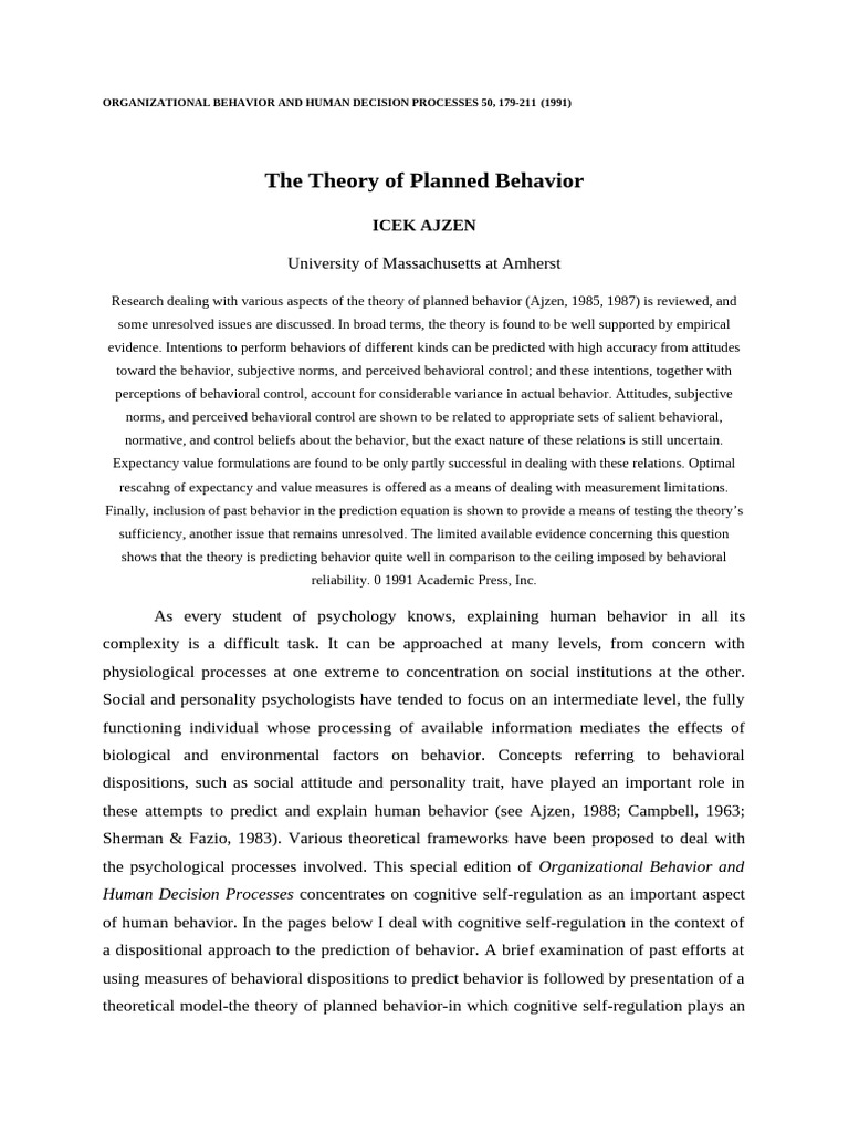 Theory of Planned Behavior Azjen 1991 | PDF