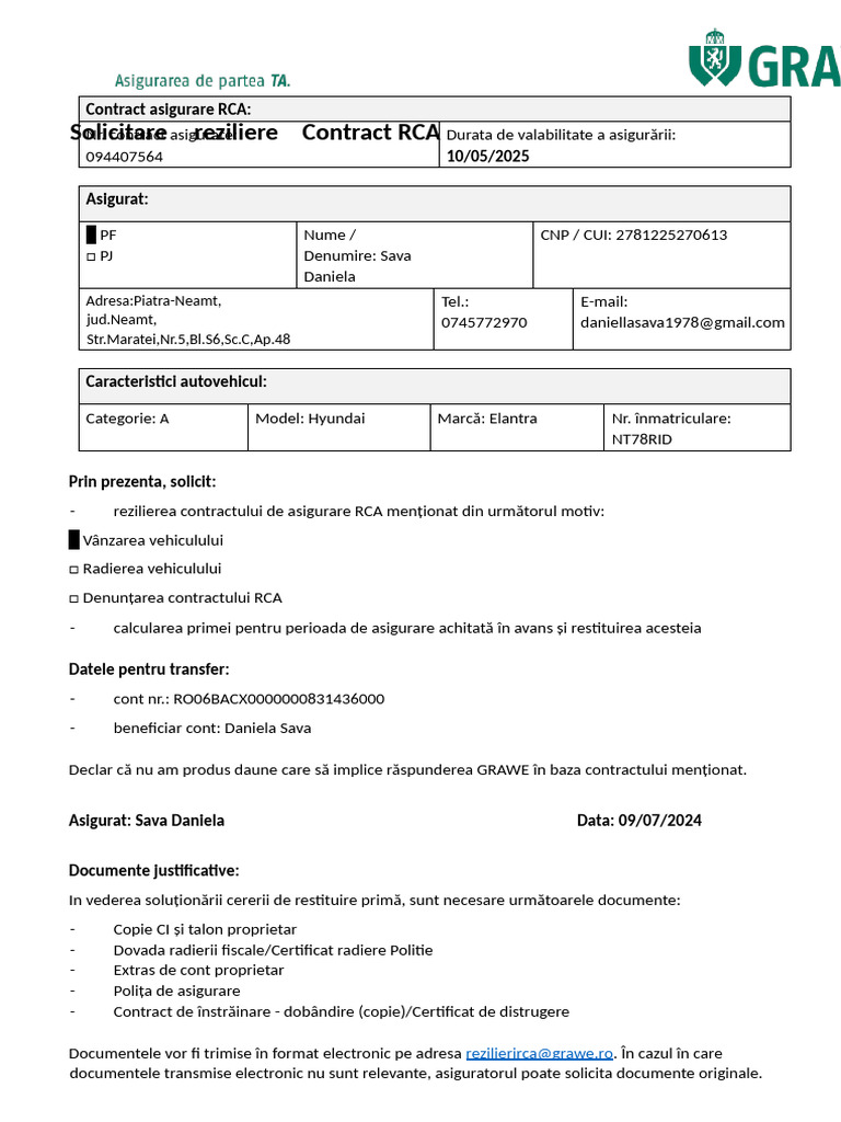 Solicitare Reziliere Contract RCA | PDF