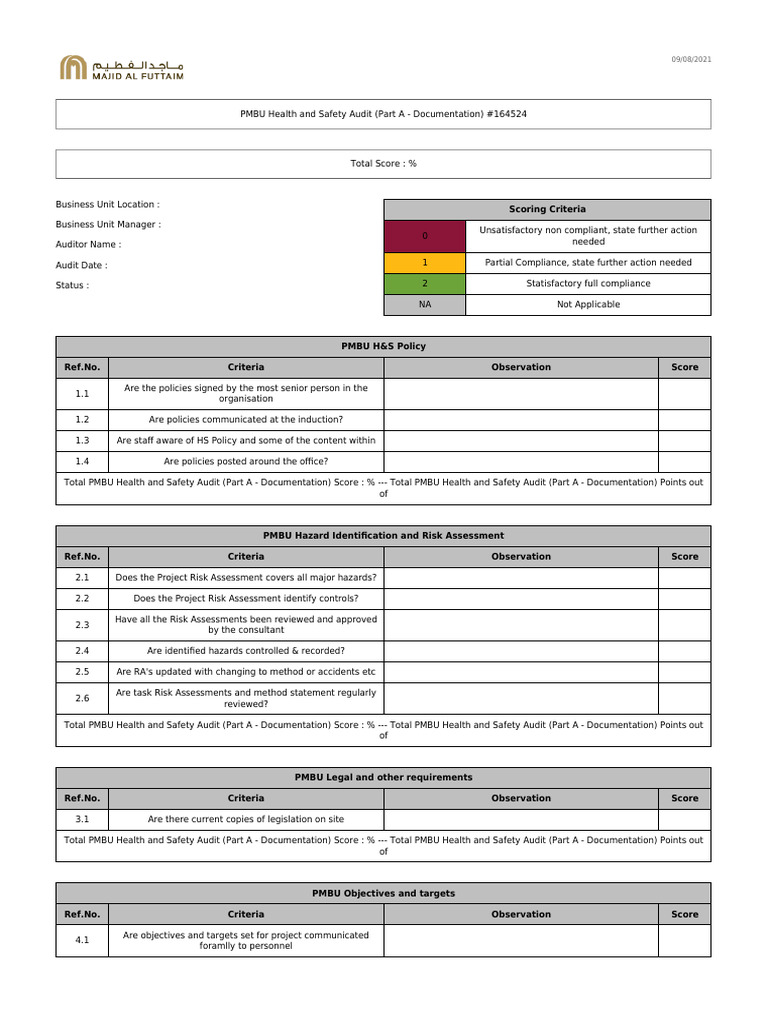 PM COE Health and Safety Audit (Part A - Documentation) 1628500598 | PDF