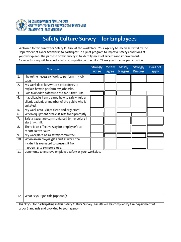 Safety Culture Survey - For Employees | PDF