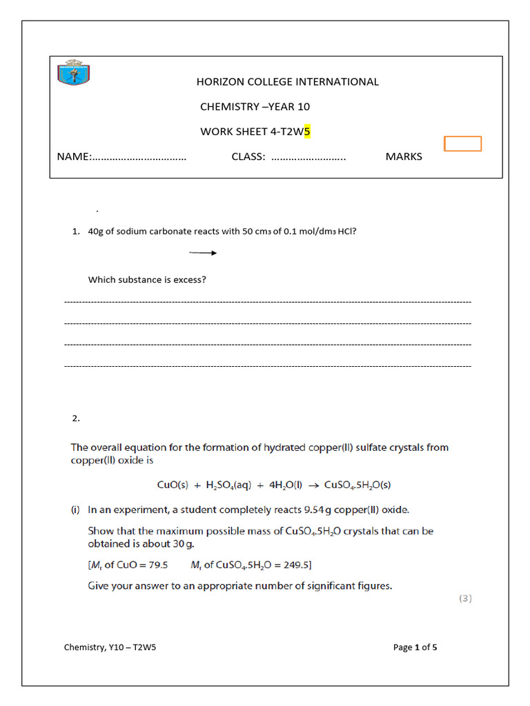 T2-Y10-Chemistry Work Sheet 4-W5 | PDF
