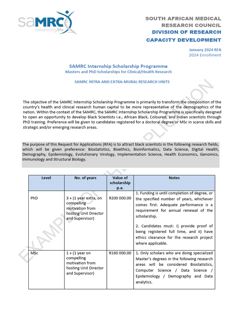 Example - SAMRC Internship Scholarship Programme | PDF