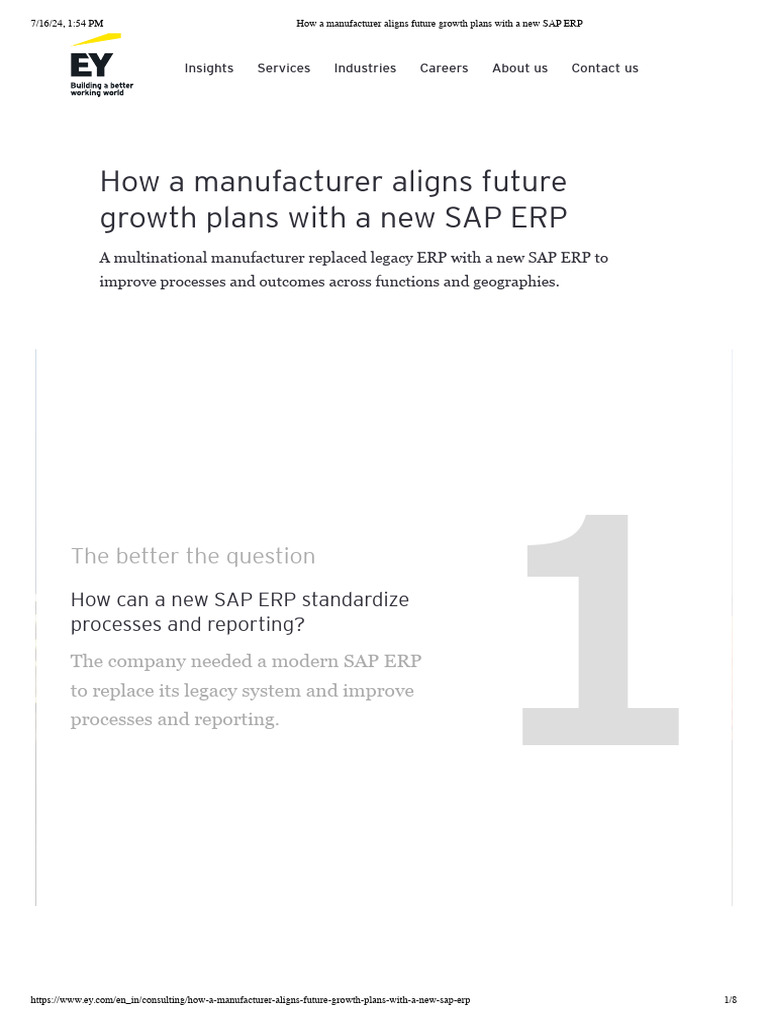 How A Manufacturer Aligns Future Growth Plans With A New SAP ERP - EY Case Study | PDF
