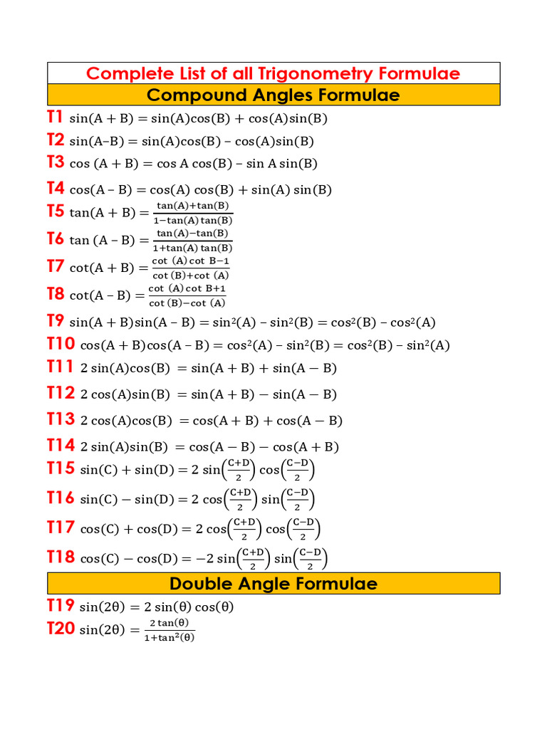 Complete List of Trigonometry Formulas | PDF | Trigonometric Functions | Euclid