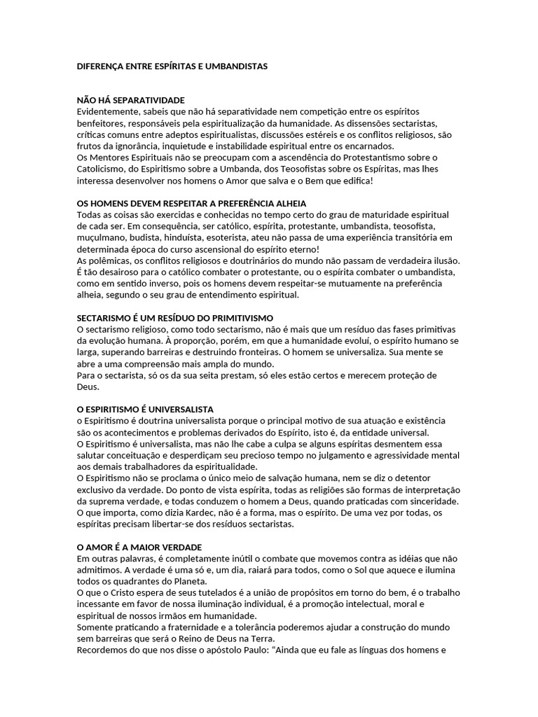 Diferenças entre Umbanda e Espiritismo | PDF | Espiritismo | Atitude ...
