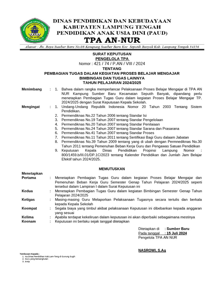 SK Pembagian Tugas Paud Tpa An Nur | PDF